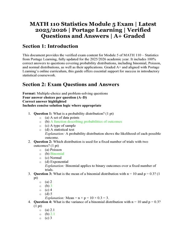 MATH 110 Statistics Module 5 Exam Portage Learning Latest 2025/2026 ...