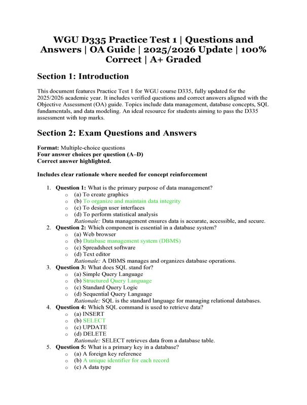 WGU D335 Practice Test 1 OA Guide 2025/2026 Update Questions and ...