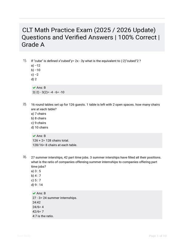 CLT Math Practice Exam (2025 / 2026 Update) Questions and Verified ...