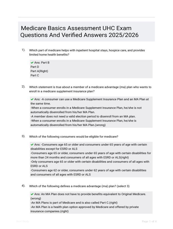 Medicare Basics Assessment UHC Exam Questions And Verified Answers 2025 ...